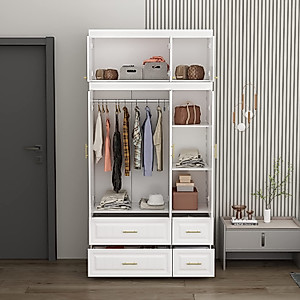 AIEGLE 3 Doors Wardrobe Armoire with 4 Drawers, 47.2" Wide Large Freestanding Armoire Wardrobe Closet with Shelves, Hanging Rod & Top Storage Cabinet, Bedroom Clothes Organizer Set, White
