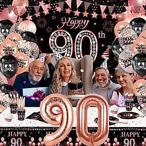 Rose Gold 90th Birthday Decorations for Women Men 150 PCS Black Rose Gold 90th Birthday Party Supplies Includes Rose Gold Happy 90th Birthday Banner Balloons Napkins Cups Tablecloth Plates Foil
