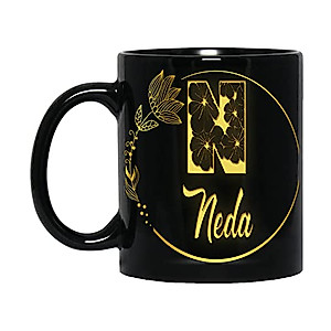 Coffee Mug Personalized Neda Name & Initial Letter Monogram Floral Alphabet Mug Golden Flowers Custom Black Coffee Cup, Gift for Her Mom Coworker Sister, Wife, Girl 11oz Black Mug 352343