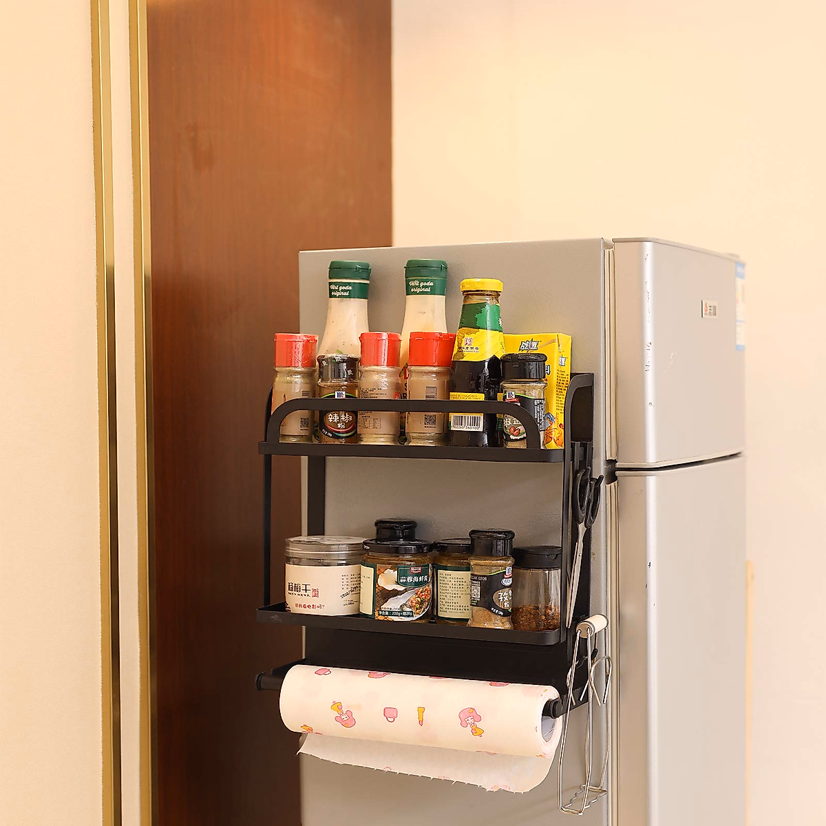 YCOCO Magnetic Spice Rack Organizer 2 Tier Refrigerator Storage Shelf with Paper Towel Holder and Removable Hooks,Magnetic Paper Towel Holder Rack,Black