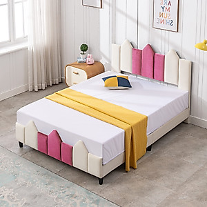 Mixoy Twin Size Kids Bed Frames,Upholstered Twin Platform Bed Frame for Children with Headboard,Toddler Bed for Girls, Teens,No Box Spring Needed, Easy Assembly(Pink/White,Twin)