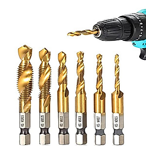 Titanium Combination Tap Drill Bit Set Metric Screw Tapping 6PCS, Hex Shank Drill Bits for Drilling for Light Metal Aluminum Board Iron