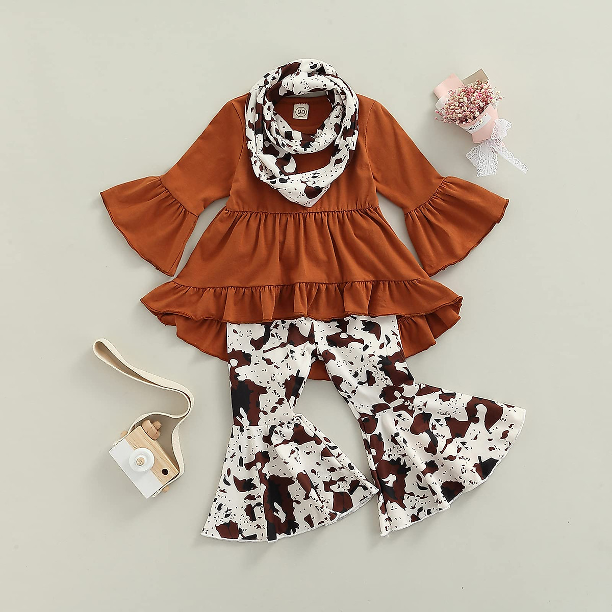 wdehow Toddler Baby Girls 3PCs Outfits Long Pullover Ruffle Dress Shirt+Leopard Flared Pants+Scarf Fall Winter Clothes (Khaki, 4-5T)