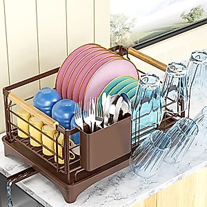 G-TING Dish Drying Rack, Dish Rack for Kitchen Counter, Rust-Proof Iron Dish Drainer with Drying Board and Utensil Holder for Kitchen Counter Cabinet, 16.6” L× 12.6”W× 7.8”H, Coffee Brown