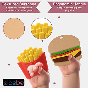 Elbebe Silicone Teething Toys - Baby Teething Toys - Baby Teether - Silicone Teethers for Babies - Baby Chew Toys - Silicone Baby Teether - Infant Teething Toys - Hamburger & Fries - Set of 2