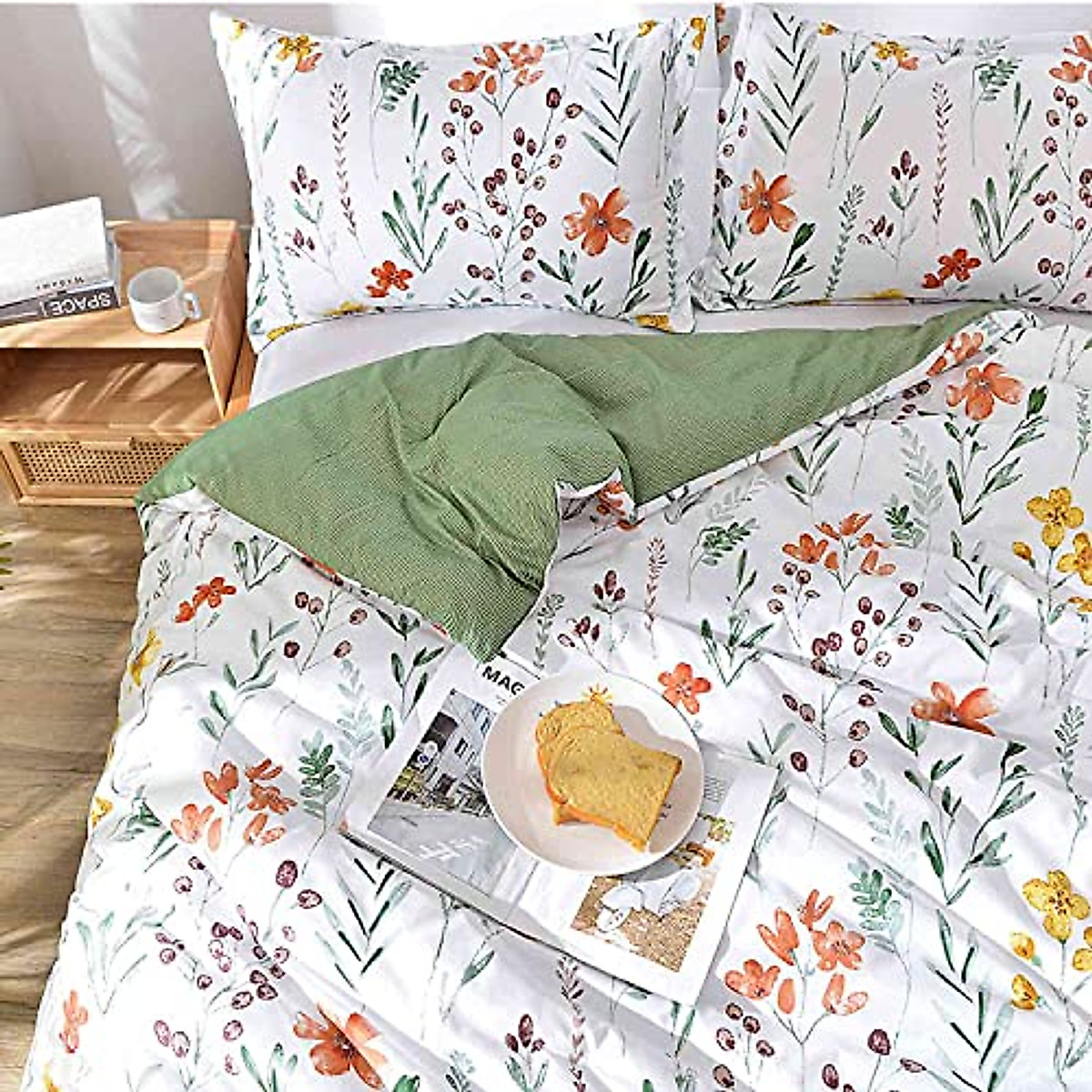 Floral Duvet Cover Full Size - White Yellow Flowers and Green Leaf Spring Botanical Printed Microfiber Comforter Cover Set - 3PC 80X90 Soft and Lightweight Quilt Cover, Farmhouse Style for Women Men