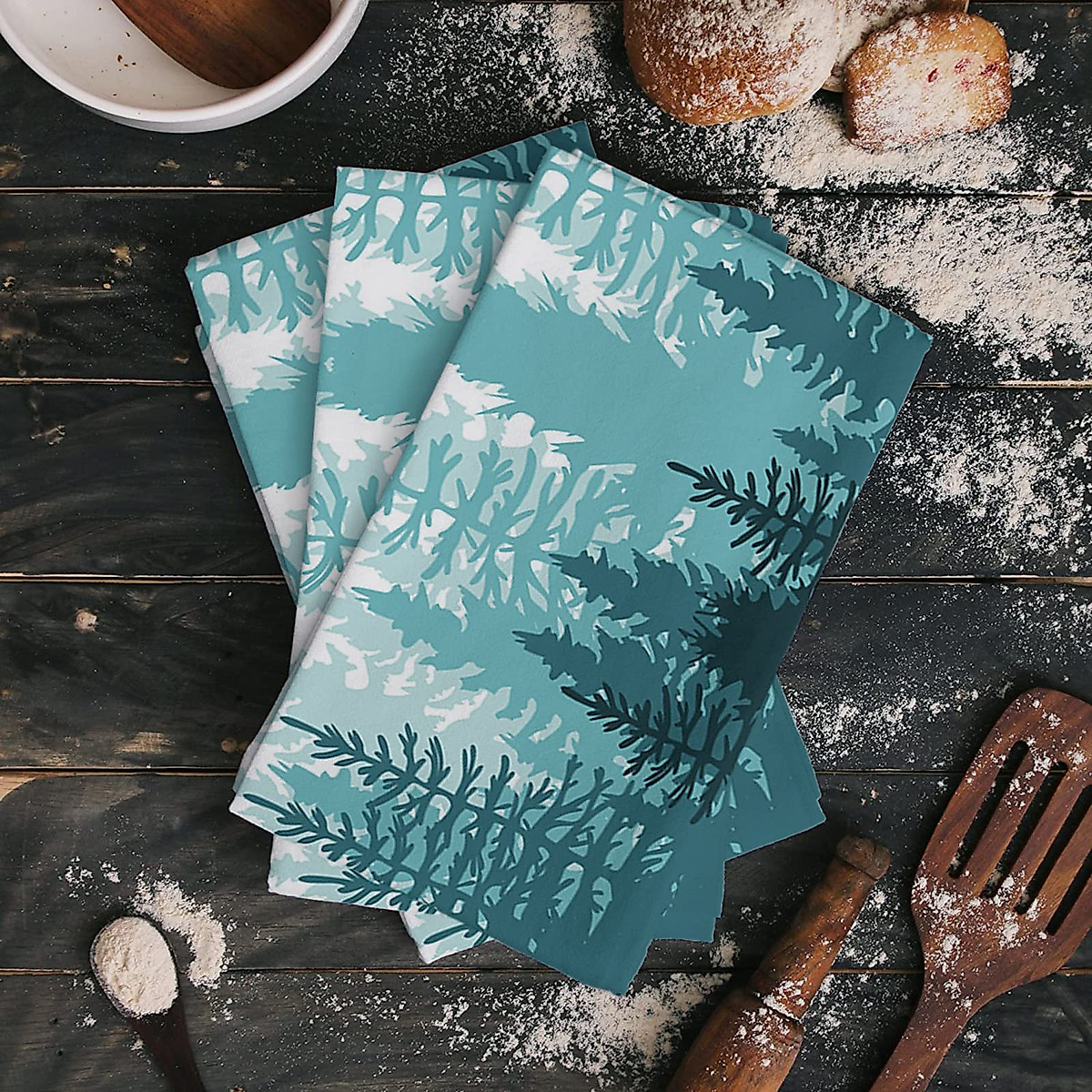 Edwiinsa Teal Ombre Kitchen Dish Towels and Dishcloths Sets 18 x 28 Inches Absorbent Hand Towels Dish Rags with Hanging Loop for Home Cleaning Gradual Forest Ink Painting Abstract Art