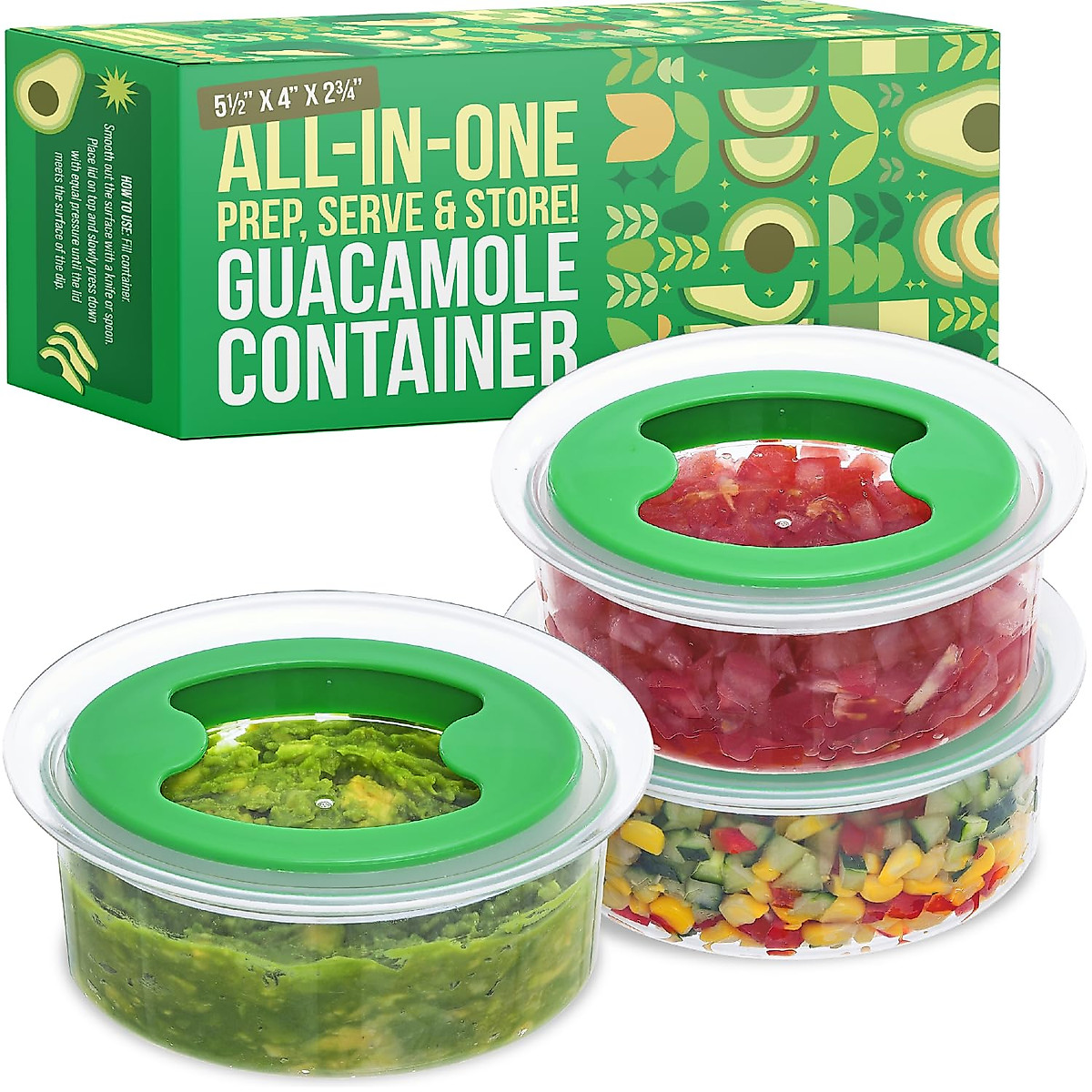 IMPRESA [3 Pack Guacamole Keeper with Airtight Lid - Guacamole Saver Container with Lid - Fresh Food Saver - Food Containers with Lids - Kitchen Storage Dip Container - Food Container - 1.5 Cups