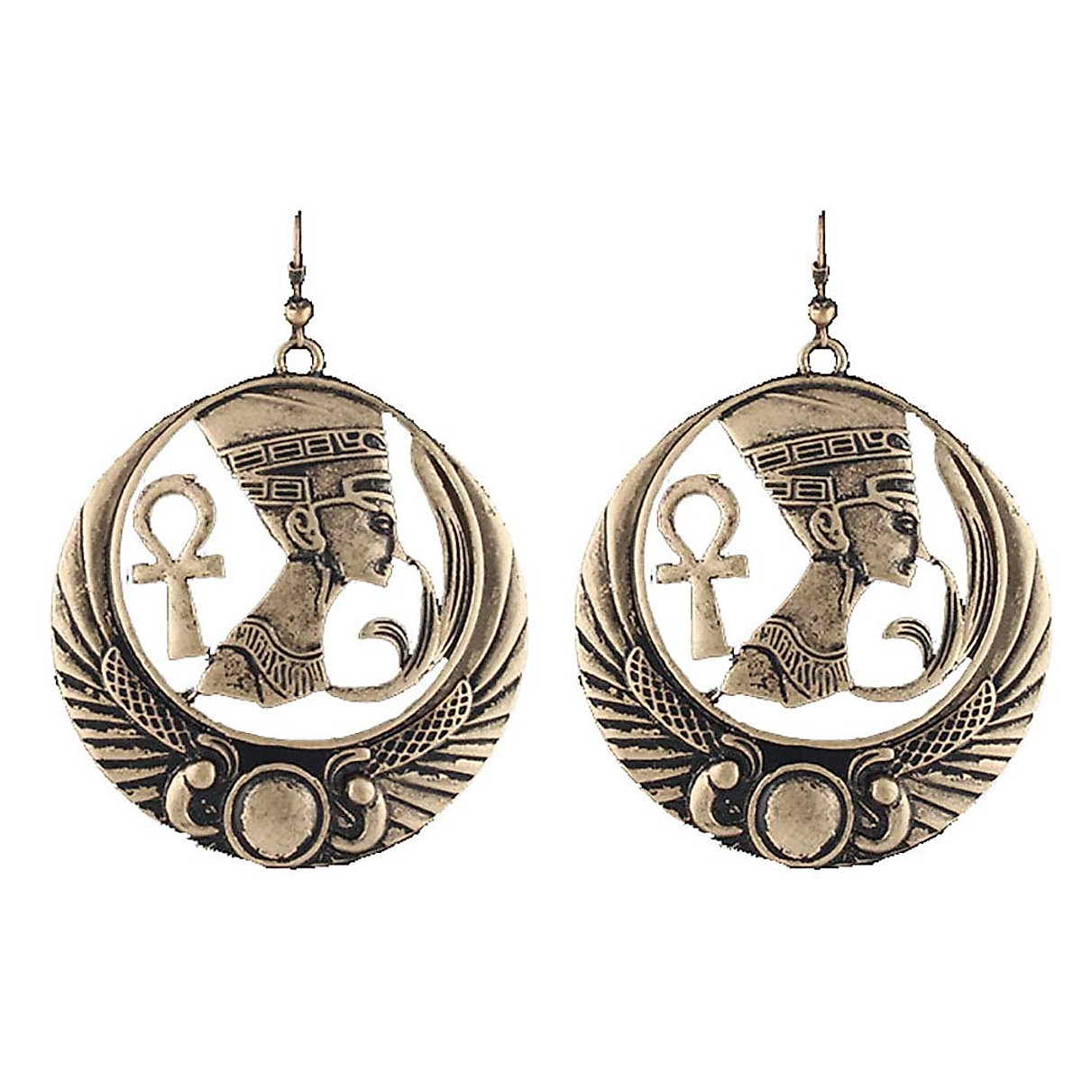 Antique Goldtone Embedded Nefertiti, Ankh Cross and Wings Design Dangle Earrings (R-3665)…