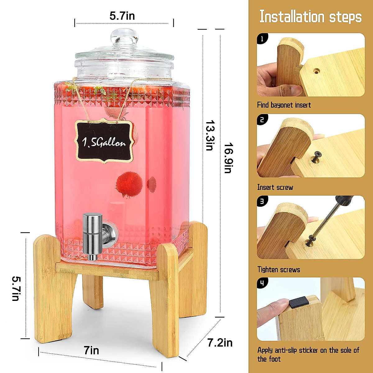 1.5 Gallon Glass Beverage Dispenser With Stand(Natual Bamboo). Water Drink Dispensers for Parties With Stainless Steel Spigot 100% Leakproof.Perfect For Parties And Daily Use.