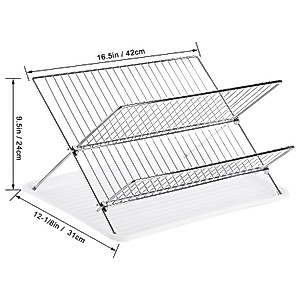 Youeon Foldable Dish Drying Rack with Drainboard, Stainless Steel 2 Tier Dish Drainer Rack, Collapsible Dish Drainer, Folding Dish Rack for Kitchen Sink, Countertop, Cutlery, Plates, Dishes