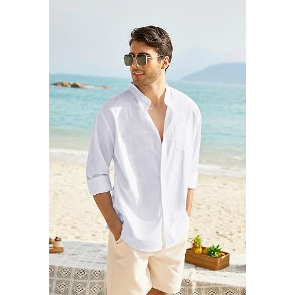 COOFANDY Men's Casual Button Down Long Sleeve Shirt White Linen Shirt Beach Summer Shirts