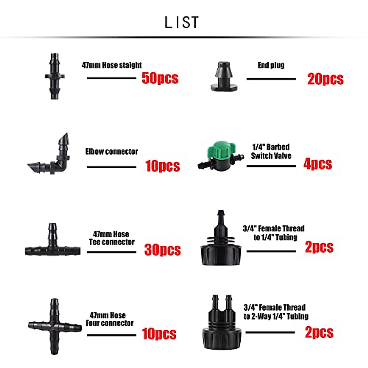 128 Pcs 1/4 Barbed Connectors Irrigation Fittings Kit, 3/4'' to 1/4'' Hose Adapter,Convert 3/4" Female Hose Thread to 2-Way 1/4" Tubing for Repair Drip Irrigation Fittings Misting Cooling System