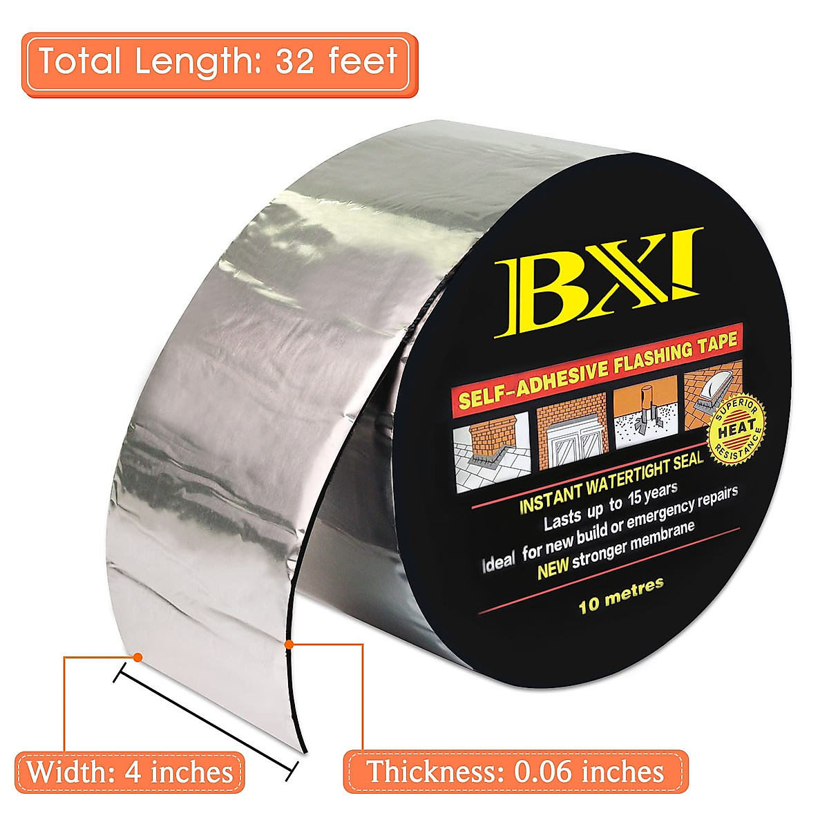 BXI Flashing Roll Tape Membrane, 4 inches X 32 Feet Thick Waterproof Patch Seal Tape, Self-Adhesive SBS Modified Rubberized Asphalt, Deck Seam Joist Leak Sealant for Roof Window Gutter Repair Outdoor