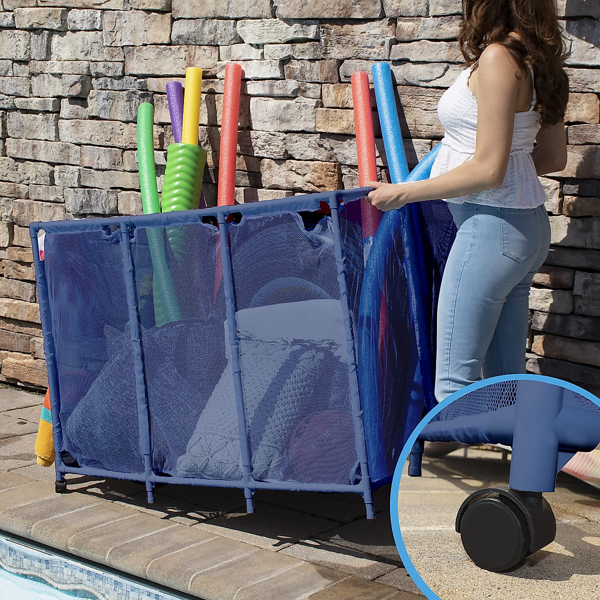 Essentially Yours Pool Noodles Holder, Toys, Floats, Balls and Floats Equipment Mesh Rolling Storage Organizer Bin, Extra-Large, (47.2" W x 30.2" L x 34" H), Blue Style 455119