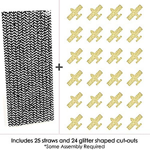 Gold Glitter Airplane Party Straws - No-Mess Real Gold Glitter Cut-Outs and Decorative Baby Shower or Birthday Party Paper Straws - Set of 24