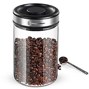 Maestri House Vacuum Coffee Canister Pro, AirTight Coffee Containers, Vacuum Glass Coffee Jar with Coffee Spoon, 40 fl OZ/1.2L Professional Coffee Storage Container for Barista, Gifts (Silver)