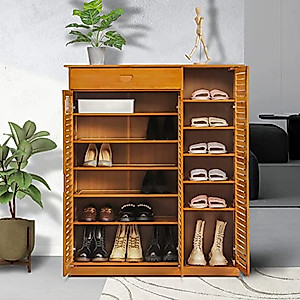 MoNiBloom Bamboo Multi-Tier Shoe Storage Cabinet with 1 Drawer & Shutter Door Shoes Organizer Rack for 21-25 Pairs Entryway Hallway, Brown