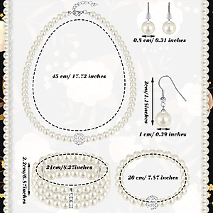 Glenmal Pearl Rhinestone Jewelry Set for Women Wedding Necklace Bracelet Earrings for Halloween Birthday Tea Party(Elegant Style)