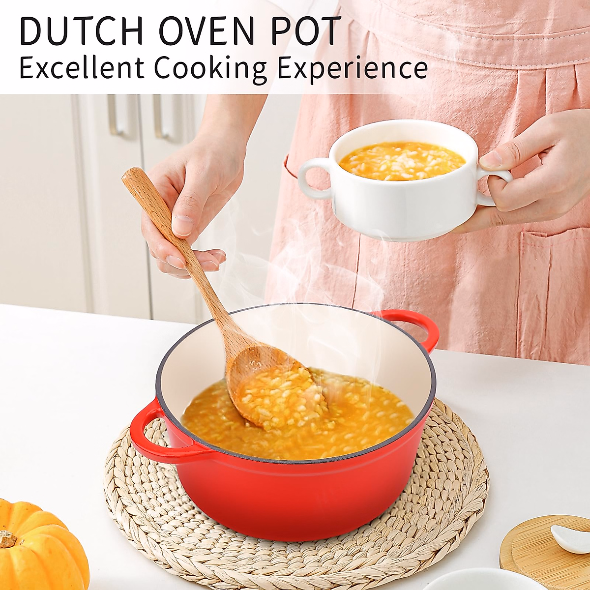 CookNexa 6 Quart Enameled Cast Iron Dutch Oven Pot with Lid and Silicone Accessories, Oven Safe up to 500°F or on Stovetop, Non-stick Dutch Oven for Bread Baking, Cooking, Dual Handles Cookware, Red