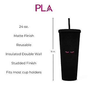 PLA Beauty Studded Tumblers | Insulated Double Wall | With Screw on Lid and Straw | Cold Beverage | Hand Wash | 24 oz (Black Lash)