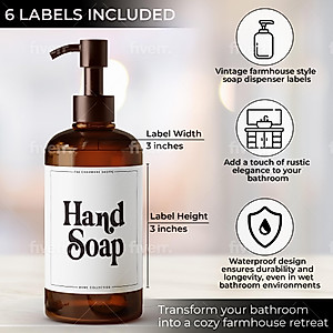 Chaumiere Vintage Farmhouse Hand Soap Labels for Bottles, Waterproof Stickers, 6X Hand soap Labels for Amber Glass & Plastic Bottles - Hand soap Pack (3 Designs) 6 Pieces 3x3inch