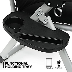 MoNiBloom Reinforced Zero Gravity Chair, Folding Pool Beach Lounger, Portable Tanning Chaise with Cushion, Headrest and Side Tray - Black