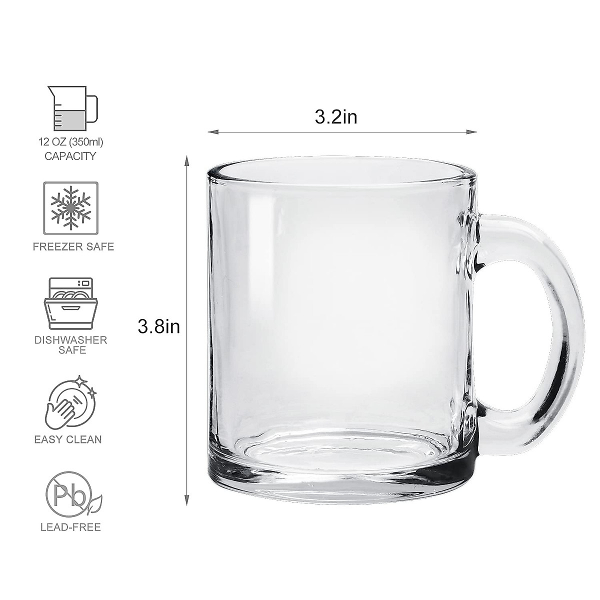 Accguan Glass Coffee Mug Set, (8 Pack) 12 Ounce with Convenient Handle, Tea Glasses for Hot/Cold Beverages, Thermal Shock Resistant, Tempered Glass, Mugs for Cappuccino, Latte, Espresso