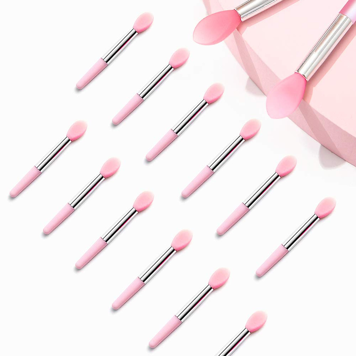 Spove 12pcs Silicone Lip Brush Makeup Eyebrow Lipstick Brushes Applicator Cosmetic Brush Set Silicone Brushes Wands Fit Balm Mask Oil Pink