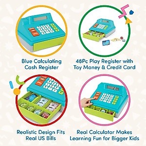Battat – Toy Cash Register For Kids, Toddlers – 48Pc Play Register With Toy Money, Credit Card – Blue Calculating Cash Register – Pretend Play Toy – 3 Years + – Blue Calculating Cash Register
