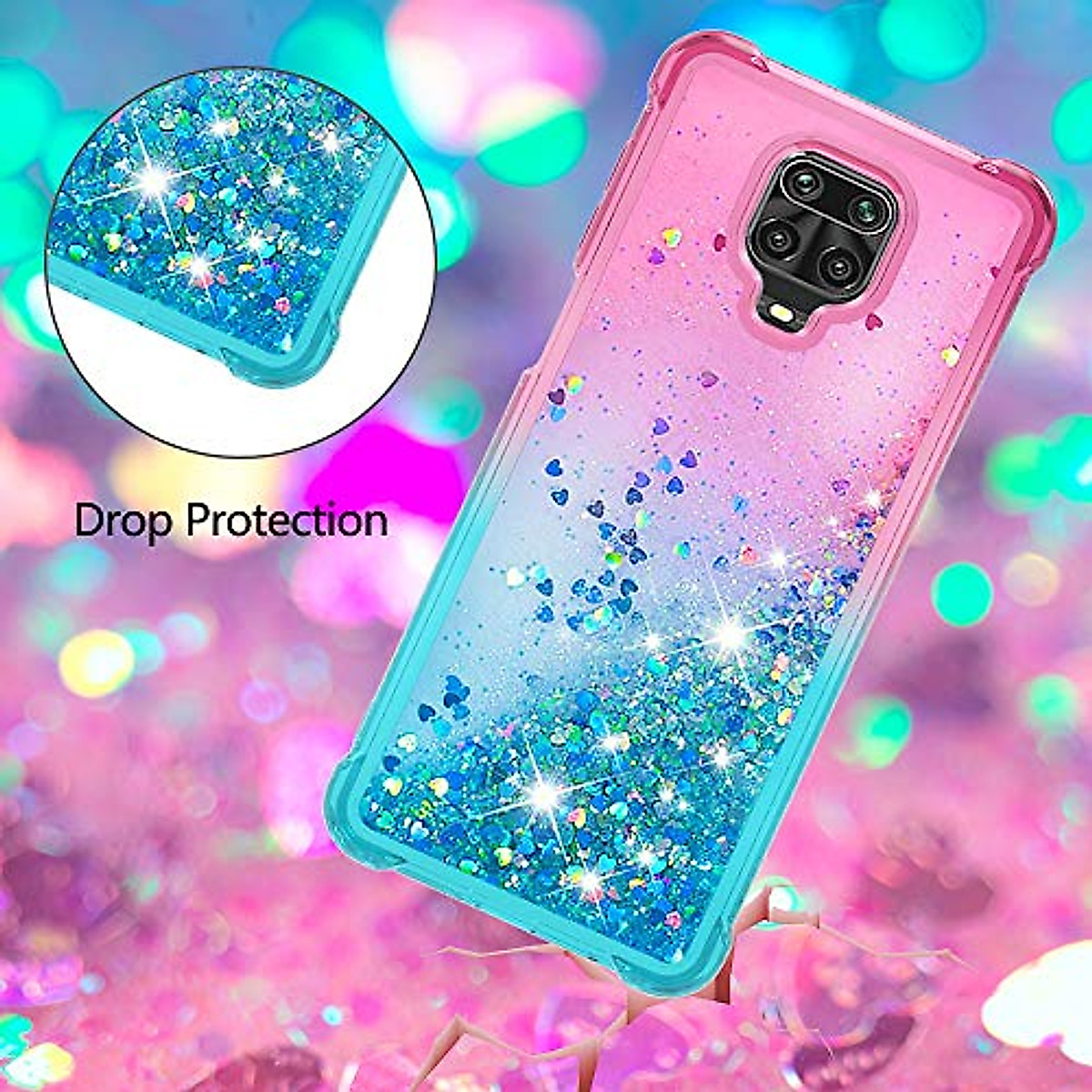 Xiaomi Redmi Note 9S/9 Pro/9 Pro Max Case Transparent Glitter Bling Sparkly Crystal Clear Flowing Liquid Silicone Cover (Pink-Blue)
