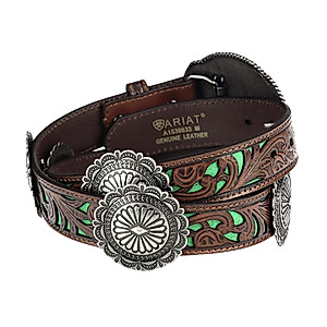 ARIAT Women's Western Belt, Turquoise with Tan Floral Embossed Strap, Silver Conchos, 1-1/4" Width, Large (38" Waist)