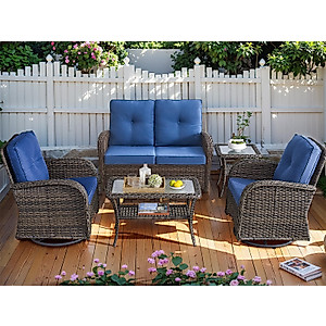 HUMMUH 5-Piece Patio Furniture Wicker Outdoor Conversation Set,All-Weather Rattan Swivel Chairs Bistro Set with Loveseat Coffee Table for Backyard,Poolside,Deck(Brown/Blue)