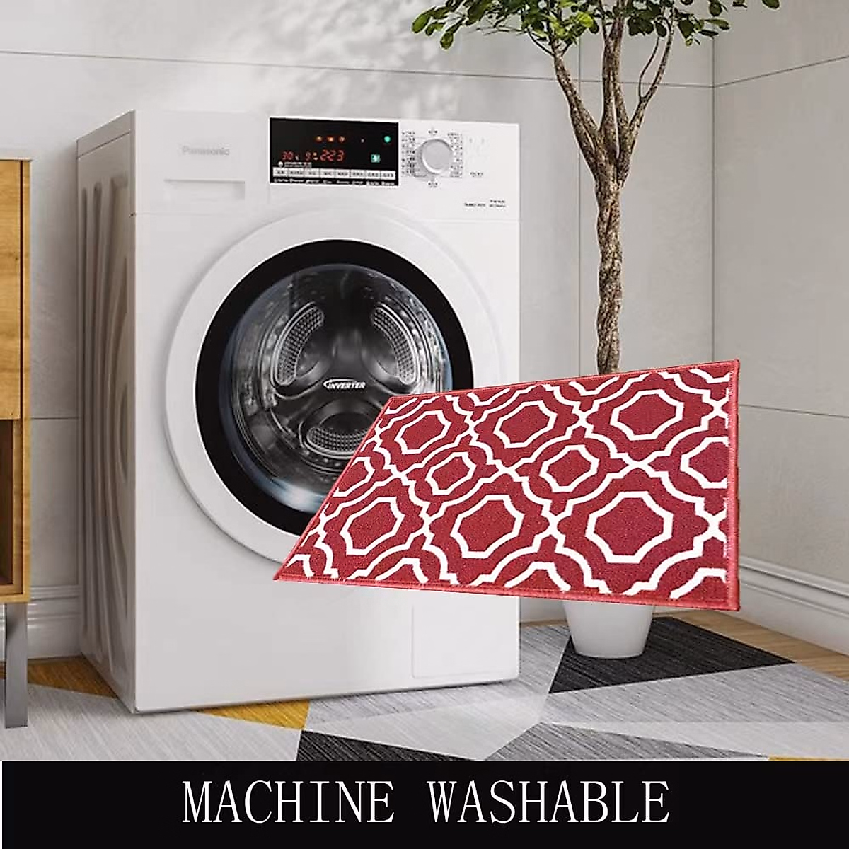 Magstonee 2 Pieces Kitchen Rug TPR Backing Mat for Doorway Bathroom Runner Rug Set (15"x23"+15"x47", Red)