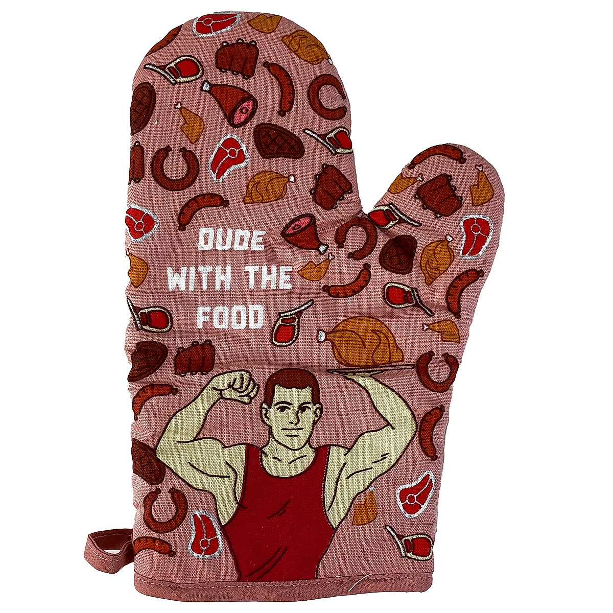 Dude with The Food Oven Mitt Funny Meat Chef BBQ Protein Graphic Kitchen Glove Funny Graphic Kitchenwear Fitness Funny Food Novelty Cookware Pink Oven Mitt