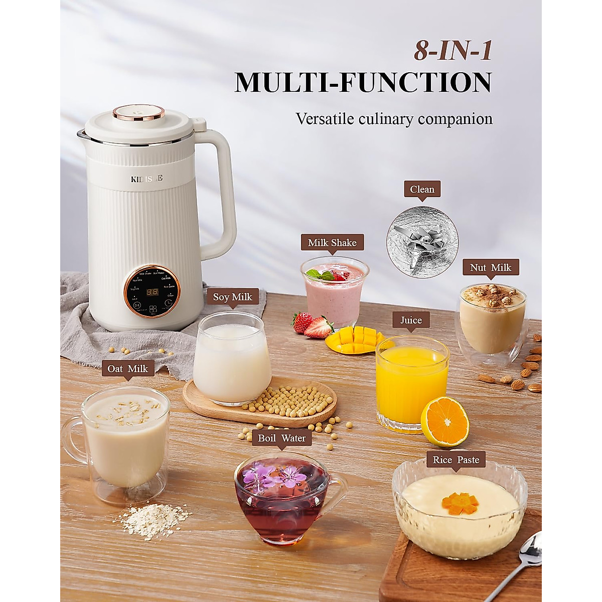 KIDISLE 8 in 1 Nut Milk Maker, 32oz Automatic Soybean Milk Machine for Homemade Almond, Oat, Coconut, Soy, Plant Based Milks and Non Dairy Beverages, with Delay Start/Keep Warm/Boil Water, Cream