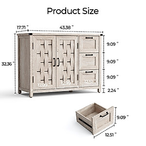 LINSY Sideboard Buffet Cabinet, 43" W Farmhouse Storage Cabinet with Drawers and Shelves, Gray