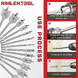AIMLENTOOL 13 Piece Spade Drill Bit Set, Paddle Flat Bit for Woodworking, Hole Cutter Wood Drill Bit Set with Quick Change Shank, 1/4" to 1-1/2", Nylon Storage Pouch Included