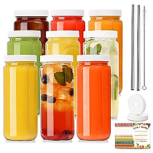 Moretoes 9 Pack 16oz Glass Juice Bottles with Lids Reusable Glass Beverages Drinking Jars with Tamper-proof White Caps for Travel Milk Water Tea Honey Kombucha Smoothie Boba