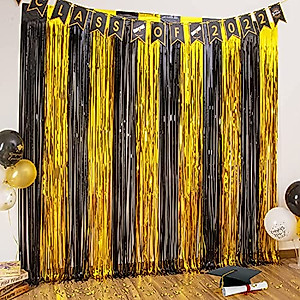 AILEXIBG 3.2 ft x 8.2 ft Metallic Tinsel Foil Fringe Curtains for Party Photo Backdrop Wedding Decor (2 Pack, Black Gold)