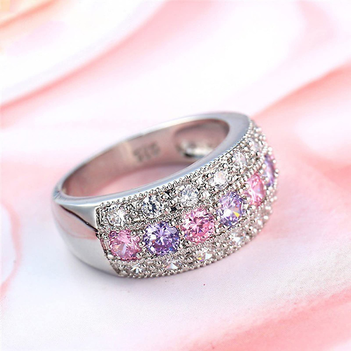 Womens Inlaid Zircon Engagement Ring Simulated Diamond Wedding Band Minimalist Design Rings (Silver, 8)