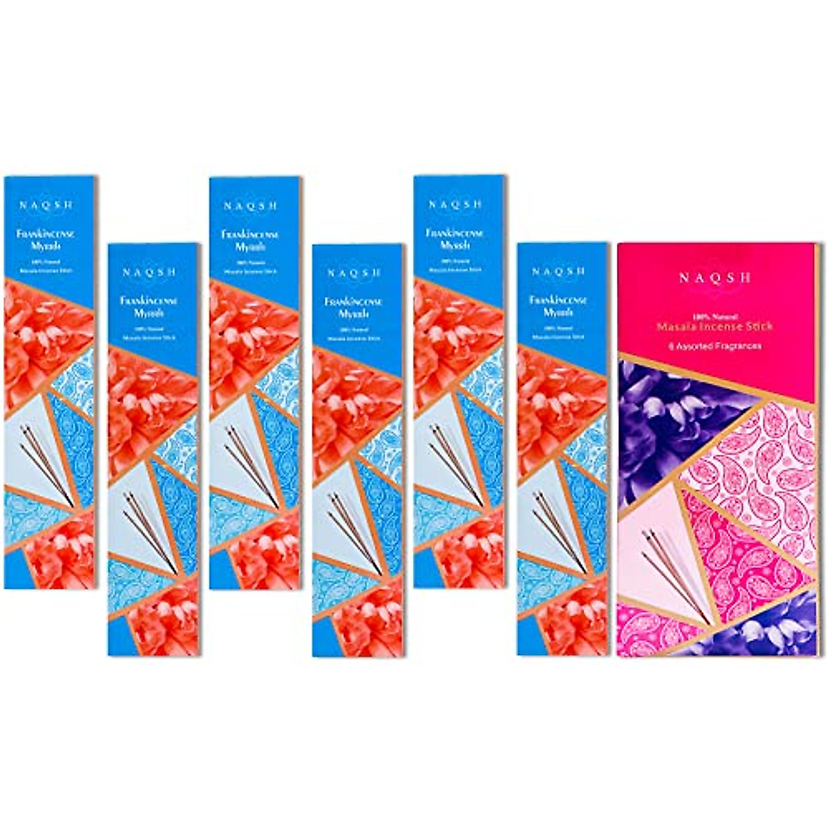 NAQSH Handmade 6X20 Incense Pack -120 Sticks, 100% Natural Hand Rolled 125gm Stick with Free Wooden Holder for Long Lasting Aroma, Sensual Therapy & Meditation, Home Cleansing (Frankincense Myrrh)