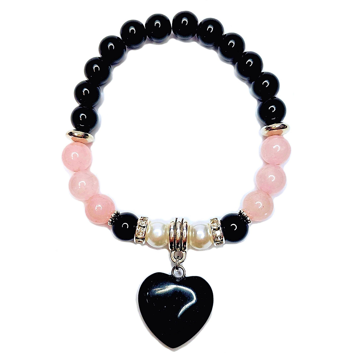 Onyx Heart Charm Bracelet GENUINE NATURAL STONES Handmade Bracelet Black Onyx Pearls Rose Quartz Powerful HEART CHAKRA Stone Birthstone Bracelet USA HANDMADE