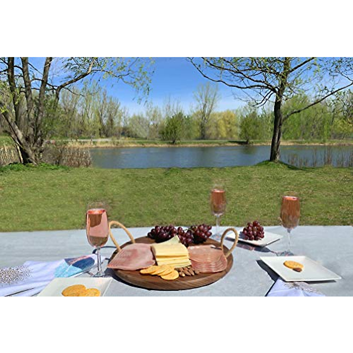 WALUX Organic Black Walnut Wood Cheese Board with Handle (14"), Charcuterie Platter & Serving Tray for Wine, Crackers, Brie and Meat. Rustic Black Walnut Serving Board, Round Cheese Board