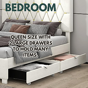 Harper & Bright Designs Beige Queen Platform Bed with Twin XL Trundle & 2 Storage Drawers, Velvet Upholstered Queen Storage Bed Frame with Headboard, No Box Spring Required