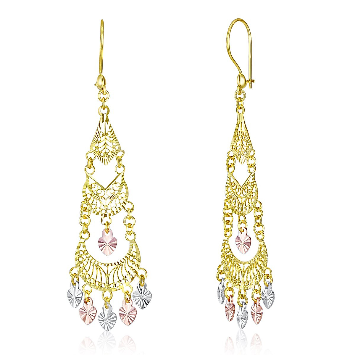14k REAL Tri Color Gold Fancy Chandelier Dangle Earrings (15 X 53mm)