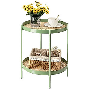 danpinera Metal Side Table, Imitation Rattan Green End Table with 2 Tier Removable Tray, Round Table for Small Spaces, Small Tables for Living Room 20.47 Inch x 16.54 Inch