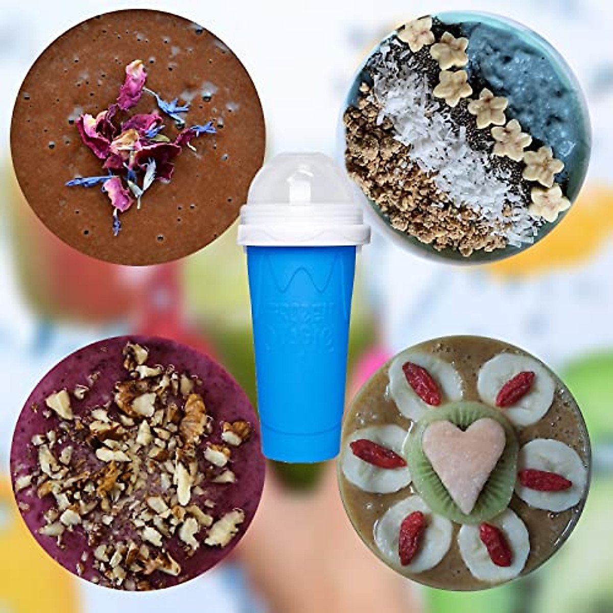 2 Pack Slushy Maker Cup, Frozen Magic Squeeze Cup, Magic Quick Frozen Smoothies Cup, Portable Double Layer Slushy Maker Cup, Slushie Machine with Straw and Spoon(Blue and Pink)