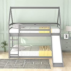 Merax Twin Size House Bunk Bed with Slide and Ladder, Twin Over Twin Wooden Bed Frame with Roof, Wood Bunk Bed for Teens, Boys, and Girls, Grey