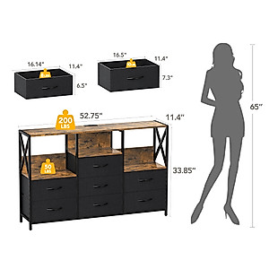 Black Dresser for Bedroom, 53" Dresser TV Stand with LED Light and Power Outlets, 7 Drawers Dressers, Fabric Chest of Drawers with Open Shelf, Large Dressers for Bedroom, Living Room